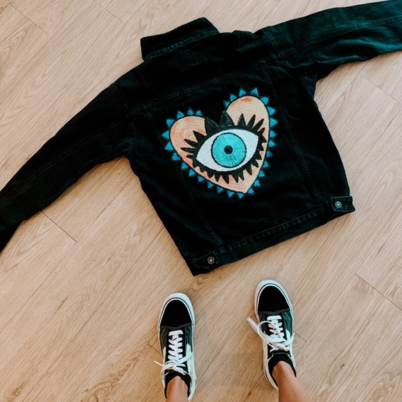 Jackets & Coats | Evil Eye Embellished Boyfriend Black Denim Jacket ...